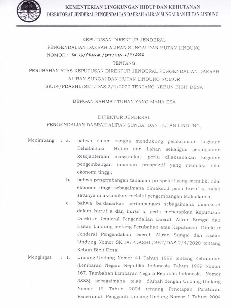 SK.23-2020 Perubahan Atas kepdirjenPDASHL SK.14-2020 Tentang KBD | PDF