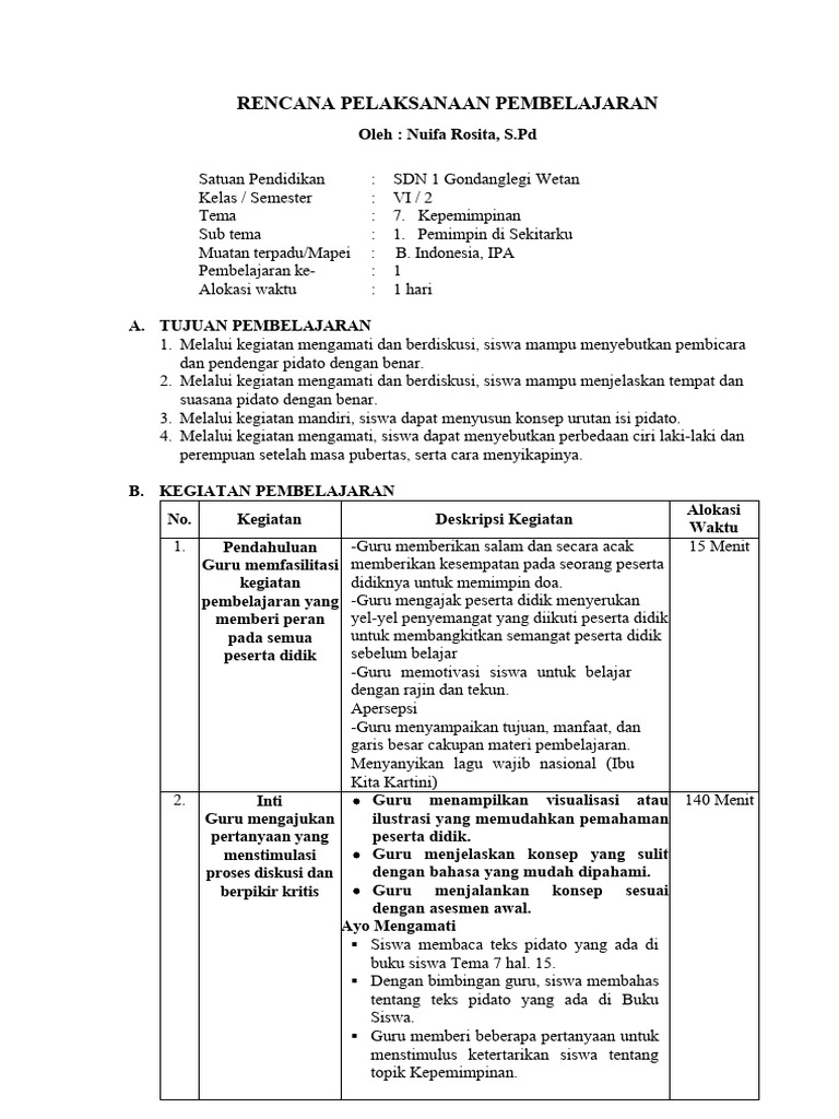 RPP Supervisi Kelas 6 | PDF | Pengembangan Diri
