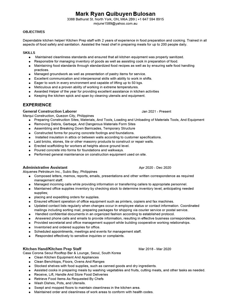 Resume Kitchen Helper | PDF | Dairy | Kitchen