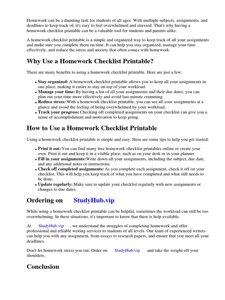Homework Checklist Printable | PDF | Homework | World Wide Web