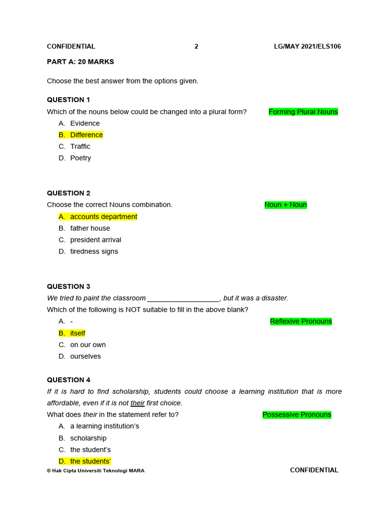 ELS106 - Grammar Test 1 - Answer Key - March 2021 | PDF | Adverb ...