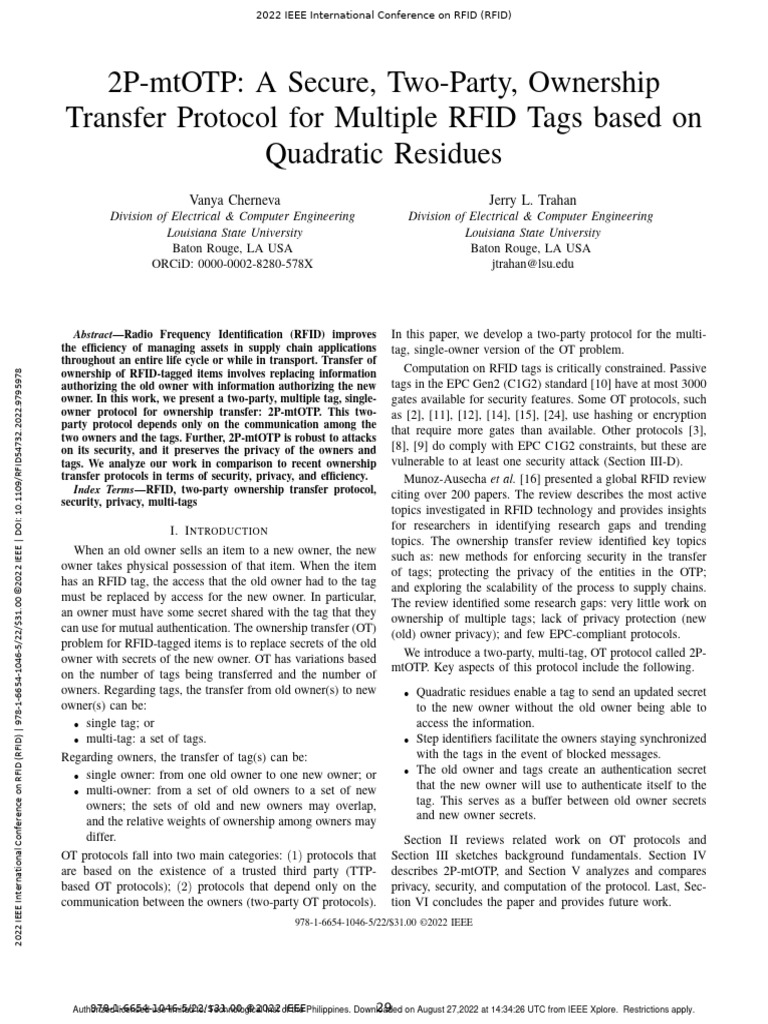 2P-MtOTP a Secure Two-Party Ownership Transfer Protocol for Multiple RFID Tags Based on ...