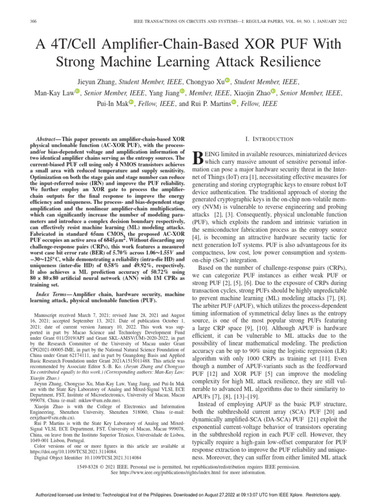 A 4T Cell Amplifier-Chain-Based XOR PUF With Strong Machine Learning ...