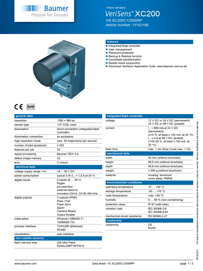 Baumer VS XC200C12X00RP DS EN | PDF | Flash Memory | Barcode
