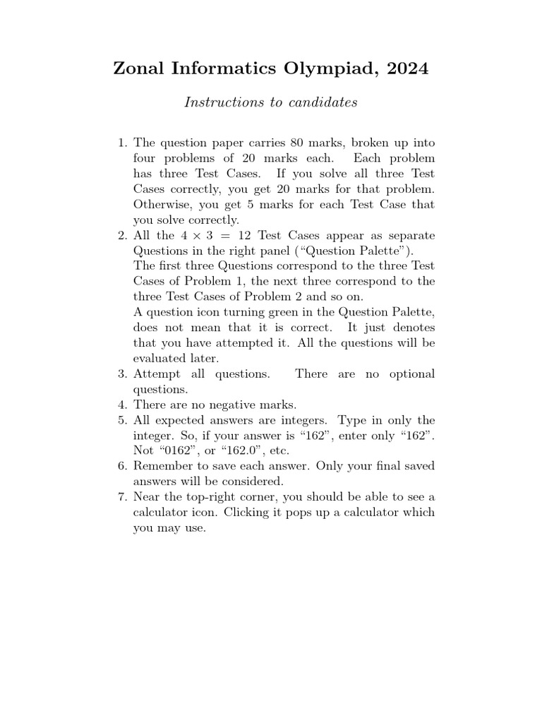 Zio2024 Question Paper | PDF | Integer | Algorithms