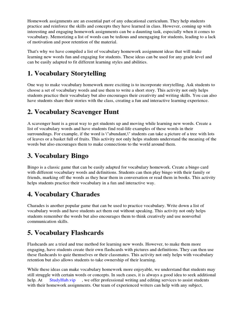 Vocabulary Homework Assignment Ideas | PDF | Vocabulary | Homework