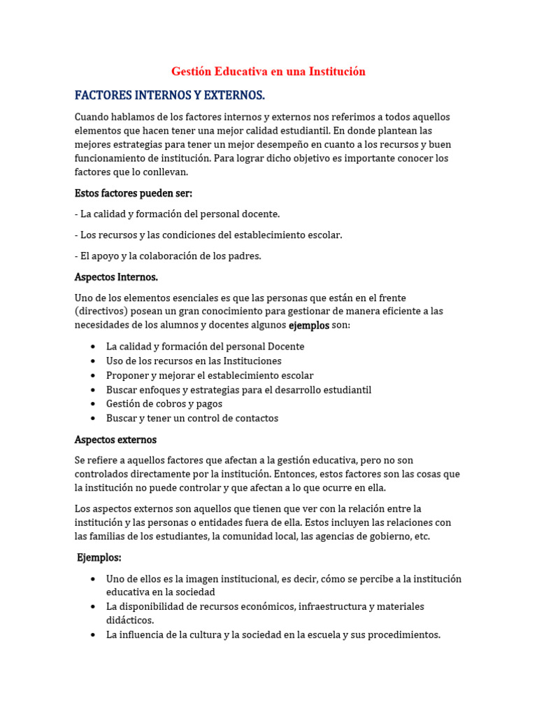 Factores Internos y Externos en Educación | PDF | Institución | Maestros