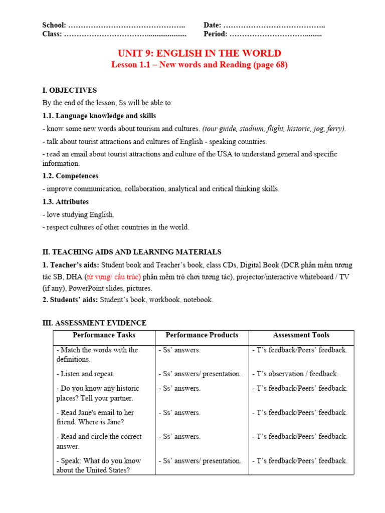 UNIT 9 - LESSON 1 - PART 1 - New Words and Reading | PDF | Vocabulary ...