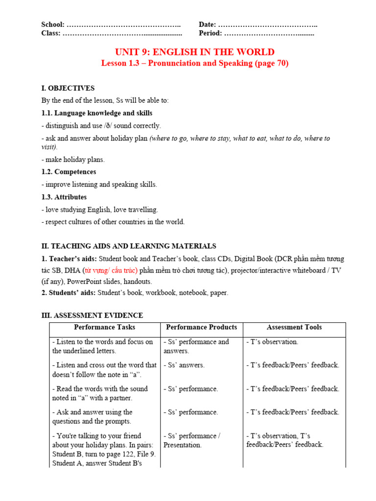 UNIT 9 - LESSON 1 - PART 3 - Pronunciation and Speaking | PDF ...