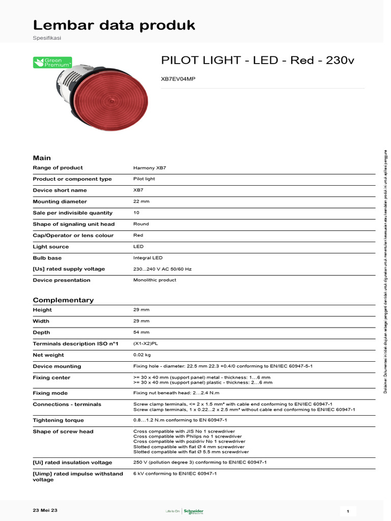 Red Pilot Light Harmony XB7_XB7EV04MP | PDF | Mains Electricity | Equipment