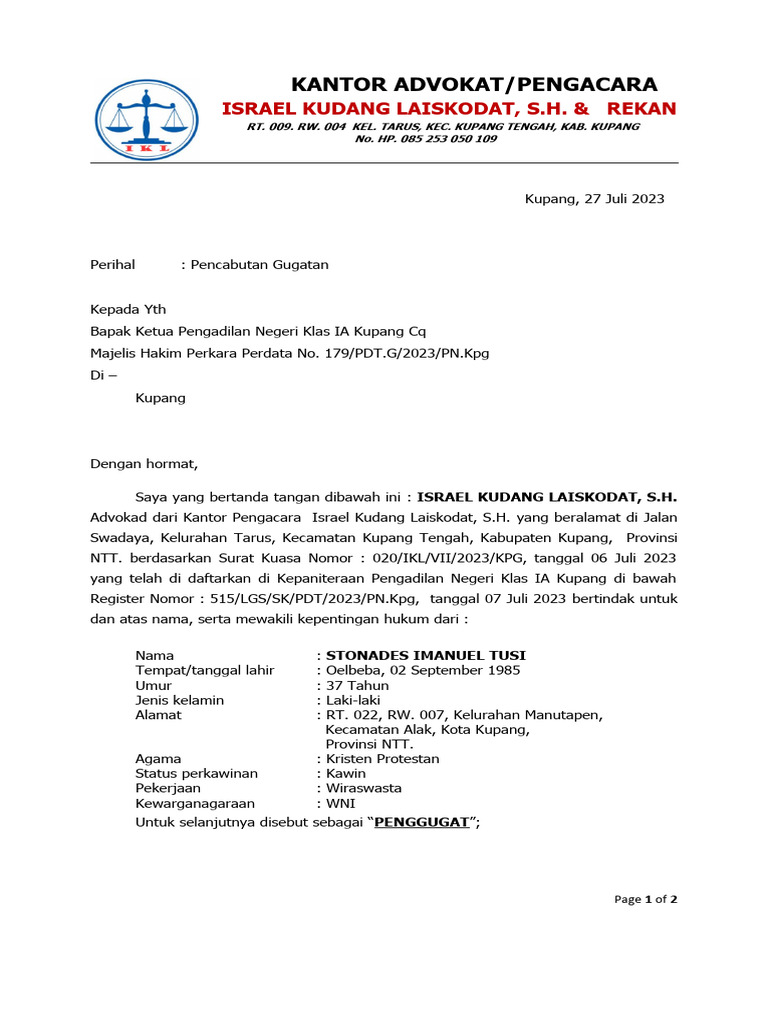 Surat Pencabutan Perkara Perdata Heri | PDF