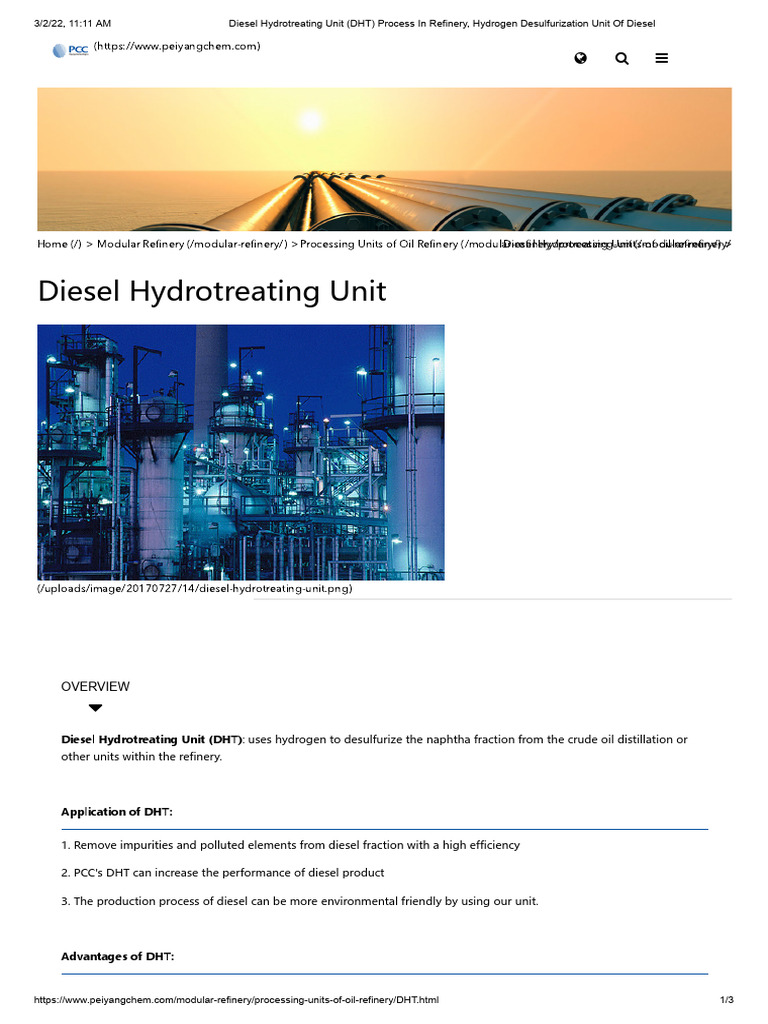 Diesel Hydrotreating Unit (DHT) Process in Refinery, Hydrogen ...