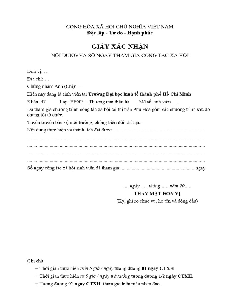 Mau Giay Xac Nhan Noi Dung Va So Ngay Tham Gia Cong Tac Xa Hoi | PDF
