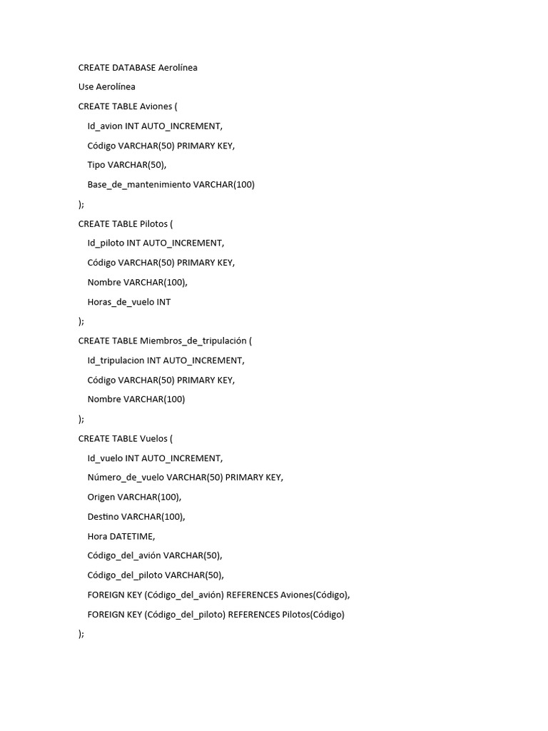 CREATE DATABASE Aerolínea | PDF
