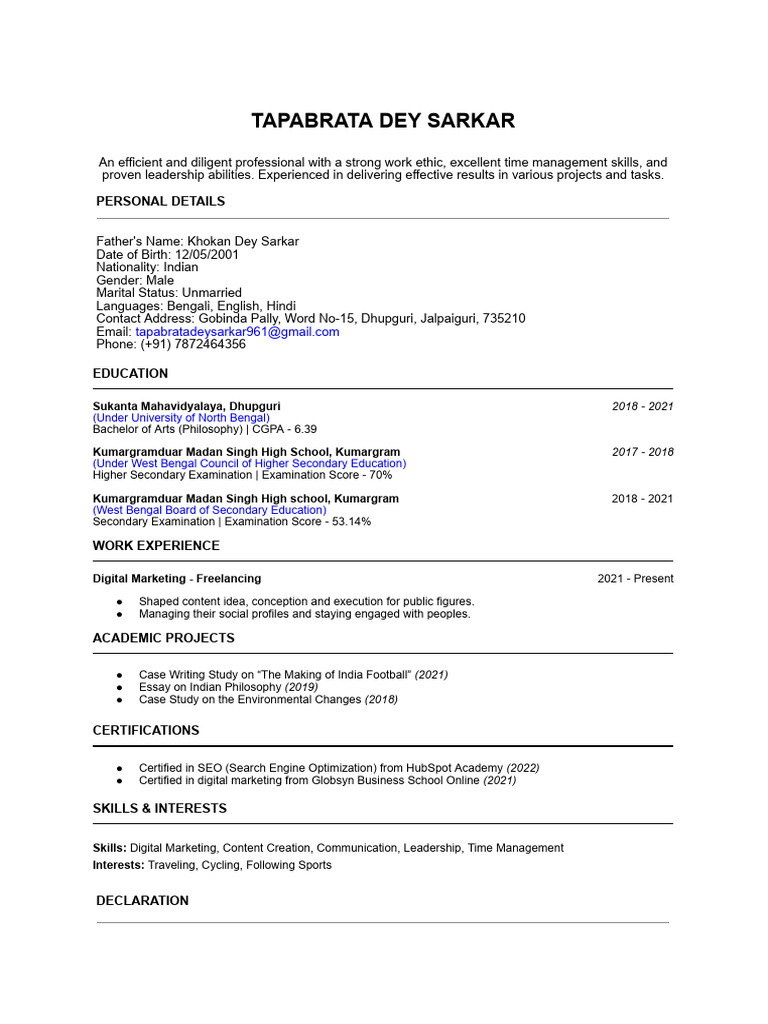 CV-Tapabrata Dey Sarkar | PDF