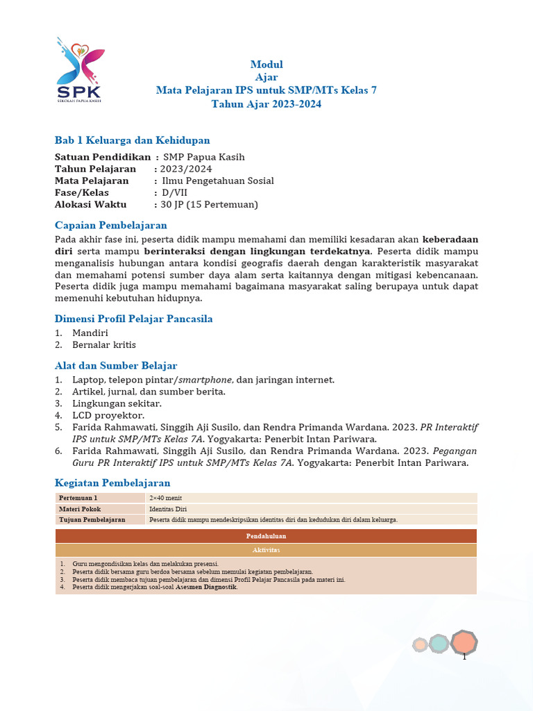 Modul Ajar PR IPS 7A 2023-2024 Bab 1 | PDF