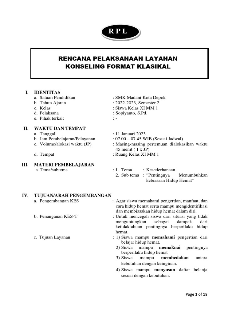 Contoh RPL Lengkap BK Pola 17 Plus Berbasis HOTS | PDF | Karier ...