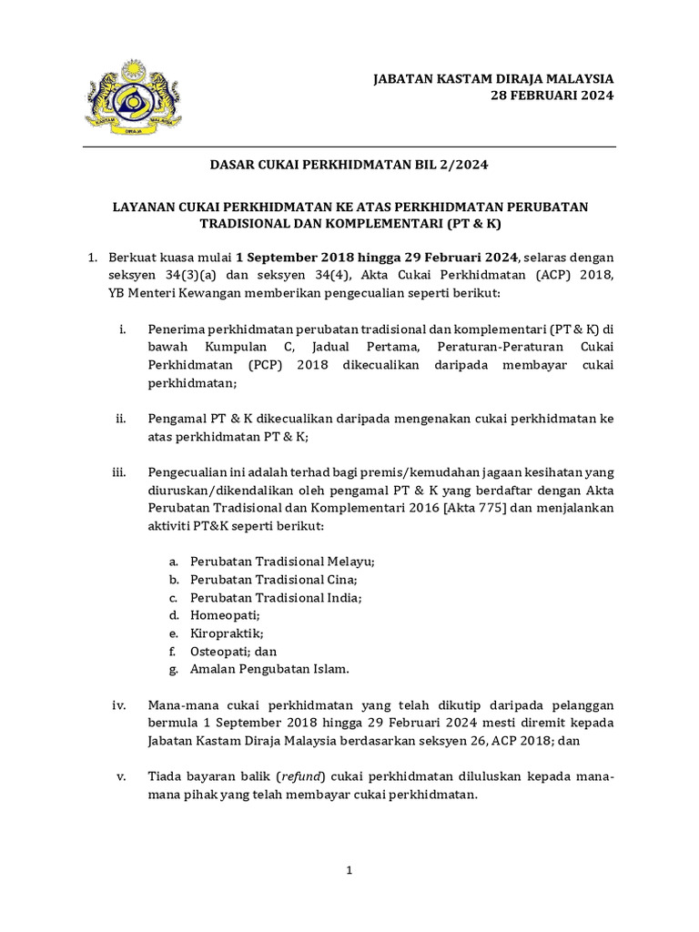 Dasar Cukai Perkhidmatan Bil 2-2024 | PDF