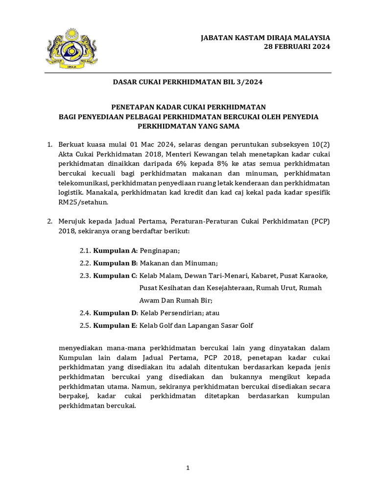 Dasar Cukai Perkhidmatan Bil 3-2024 | PDF