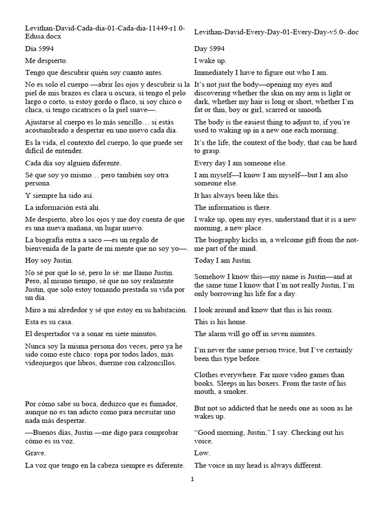 Every Day - David Levithan (Spanish English Bilingual Edition) | PDF