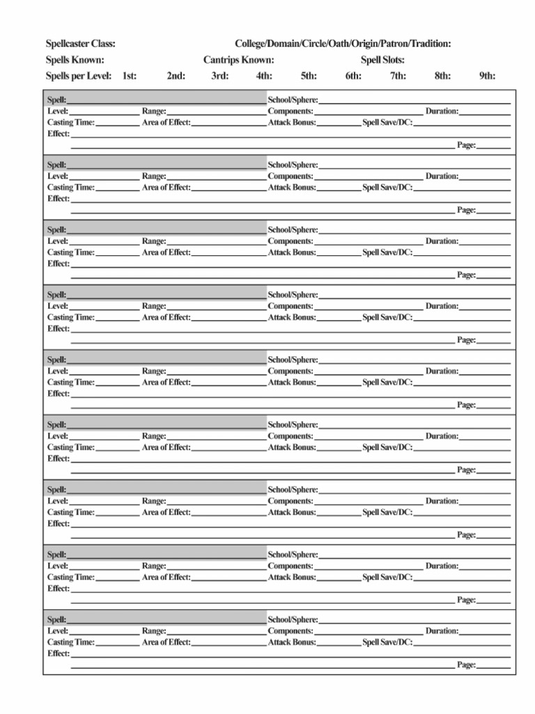 AD&D 2nd Edition Spell Sheet-BW | PDF