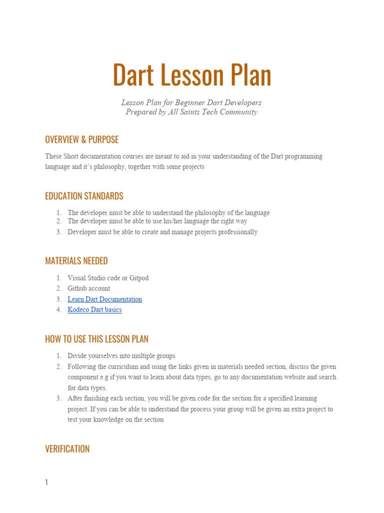 Dart Lesson Plan | PDF | Class (Computer Programming) | Computer Programming