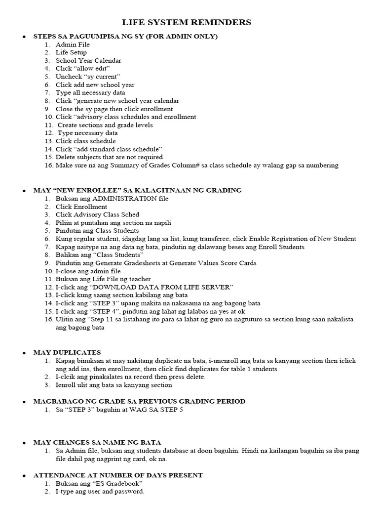 Life System Reminders | PDF
