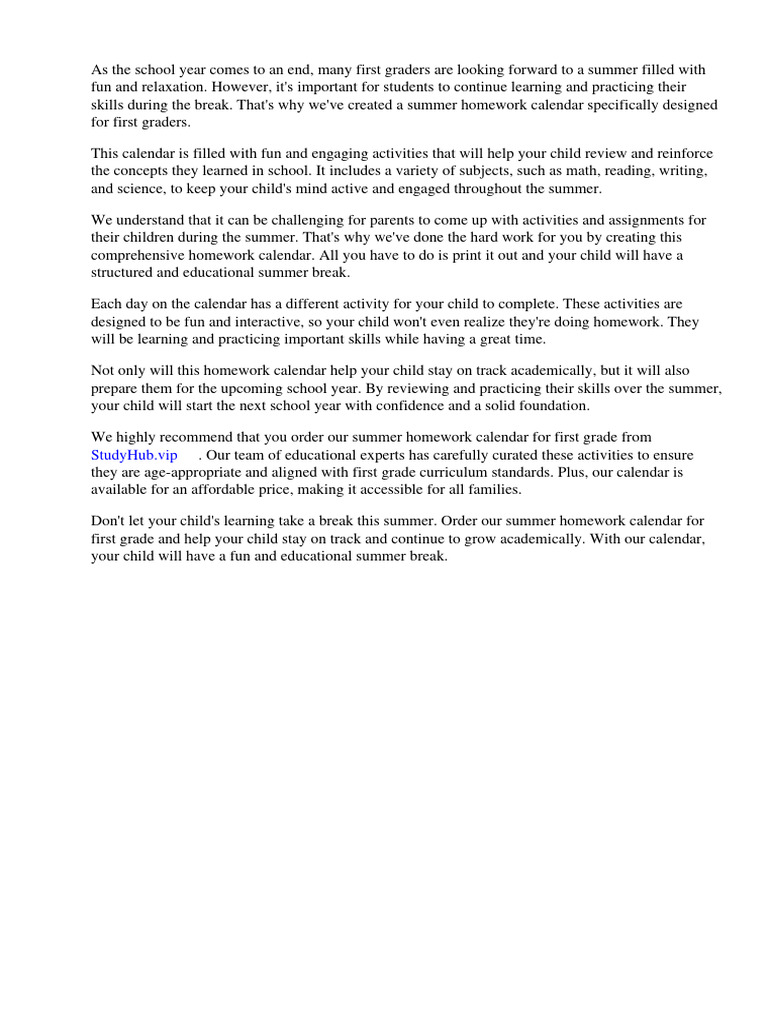 Summer Homework Calendar for First Grade | PDF | Homework | Safari (Web ...