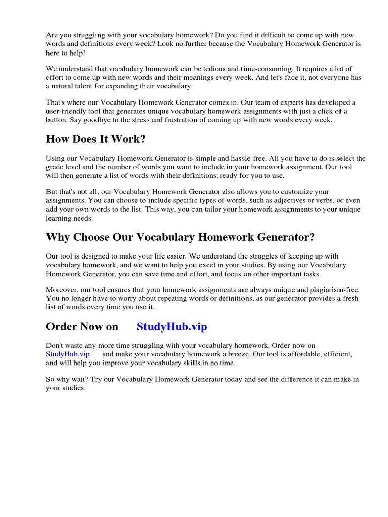 Vocabulary Homework Generator | PDF | Worksheet | Vocabulary