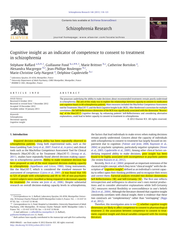 Cognitive Insight As An Indicator of Competence To Consent To Treatment in Schizophrenia | PDF ...