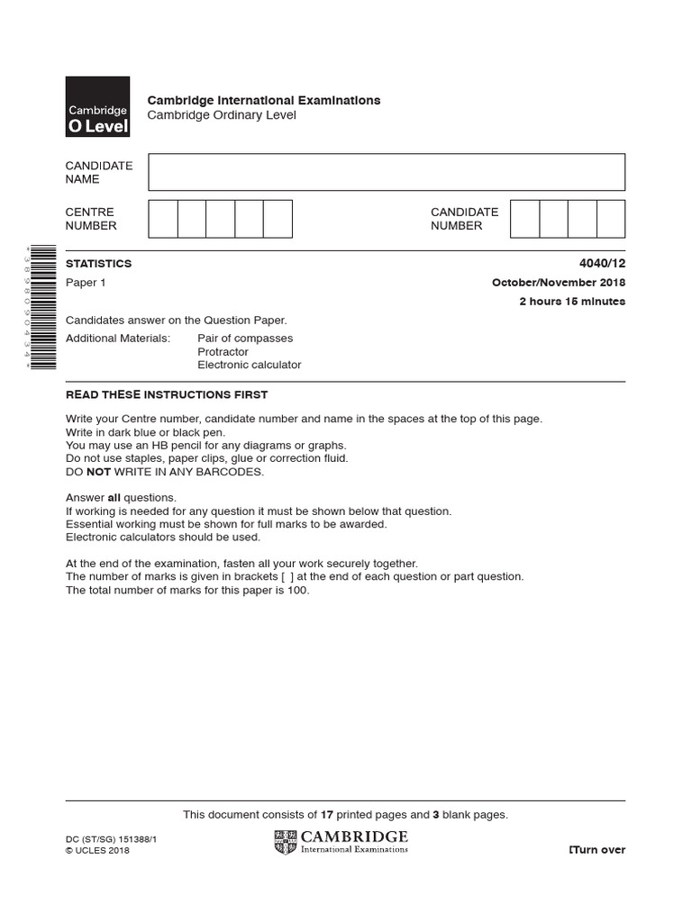 Cambridge O Level Statistics Paper 1 | PDF | Sampling (Statistics) | Median