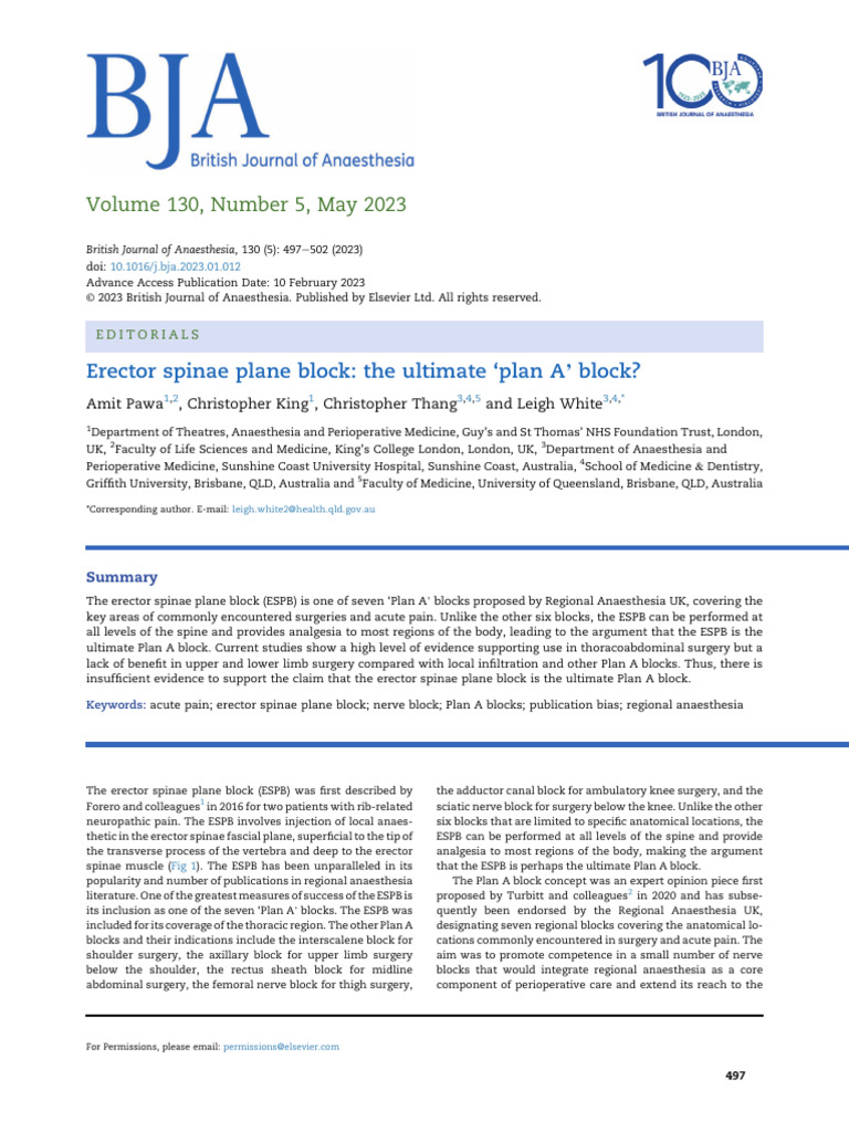 ESPB As A Plan A Block - Endorsement by British Anaes | PDF | Anesthesia | Anatomy