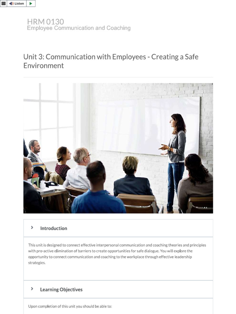 Unit 3- Communication with Employees - Creating a Safe Environment | PDF