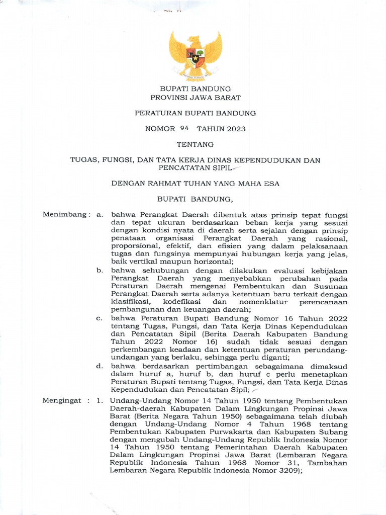 Perbup Nomor 94 Tusi DISDUKCAPIL - 0001 | PDF