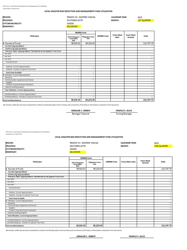 BDRRM -CF-Utilization 2023-1ST QUARTER | PDF | Risk Management | Risk