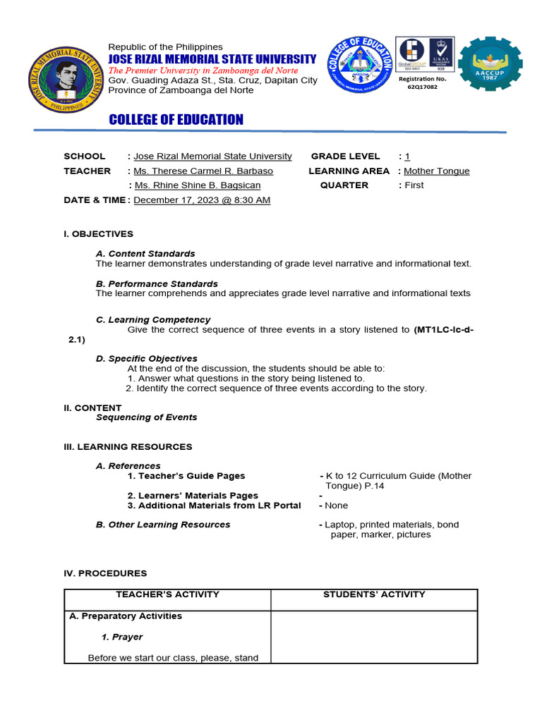 MTB-MLE Lesson Plan | PDF | Pronoun | Teachers