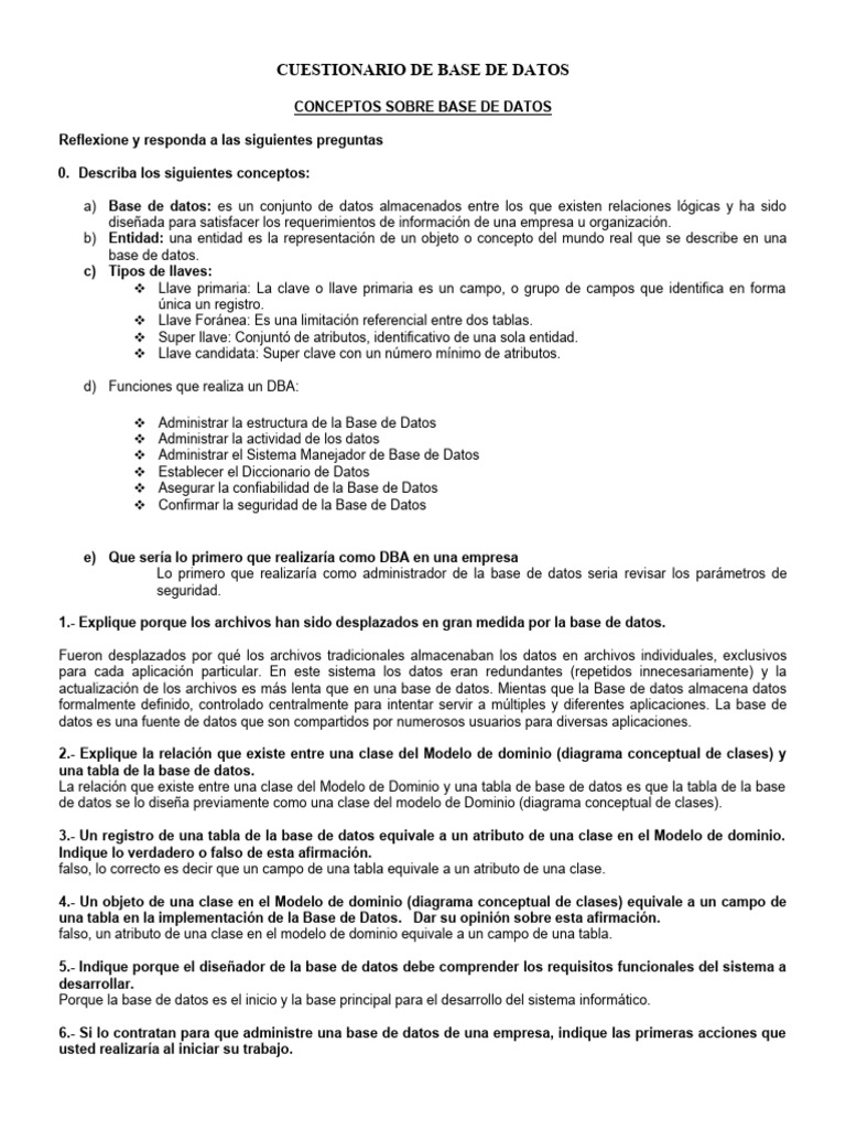 Cuestionario Del Area de Base de Datos MDG 2019 ENRIQUE para Imprimir | PDF | Bases de datos ...