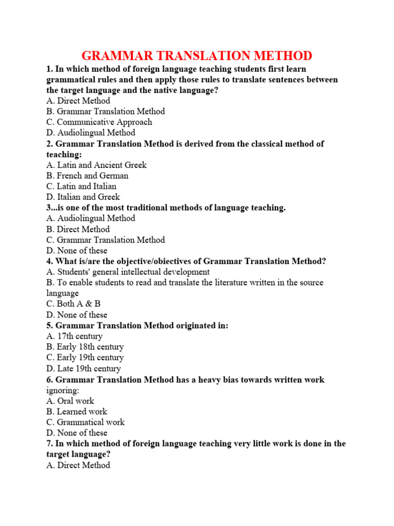 Grammar Translation Method Multiple Choices | PDF | Language Education | Translations