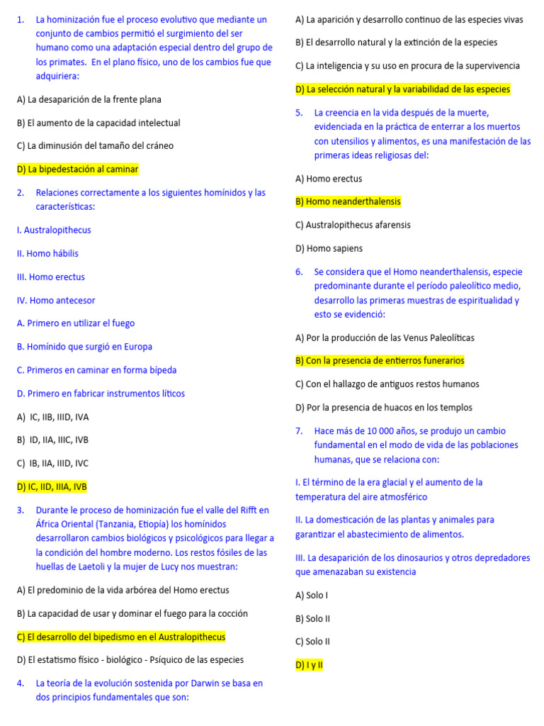 Test Hominización 1ro de Secundaria | PDF | Homo | Evolución humana