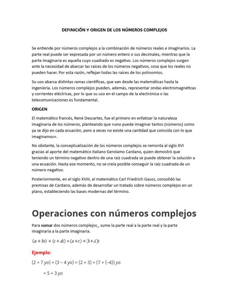 DEFINICIÓN Y ORIGEN DE LOS NÚMEROS COMPLEJOS | PDF | Número complejo ...