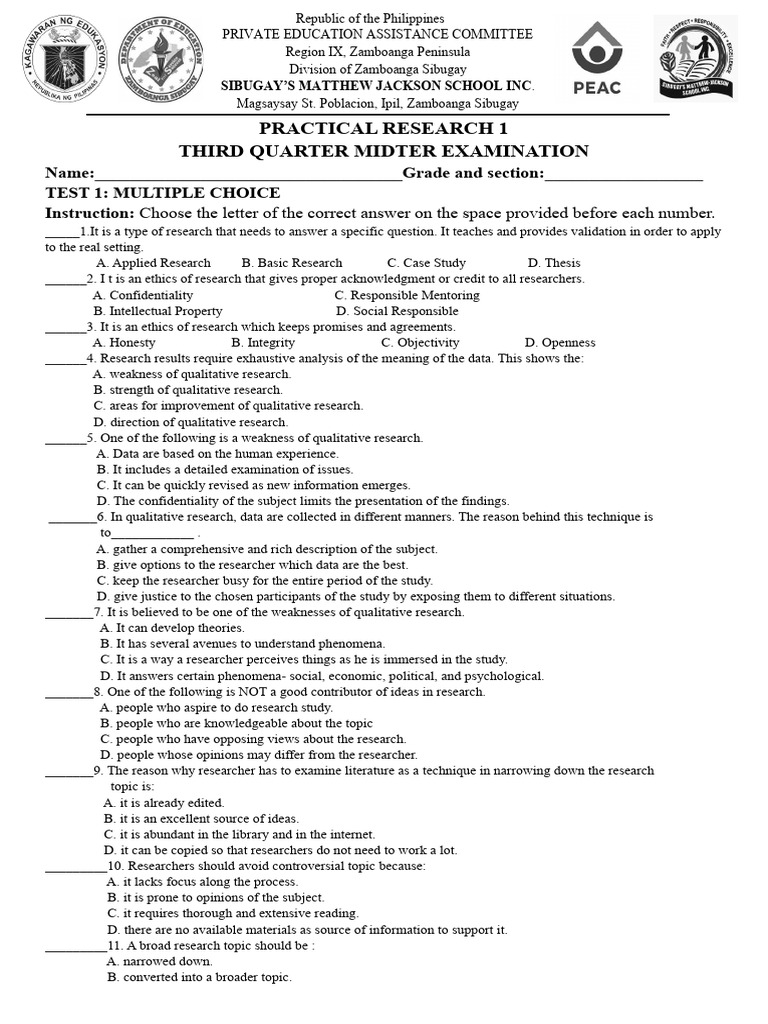 PRACTICAL RESEARCH Midterm Examination | PDF | Qualitative Research | Data