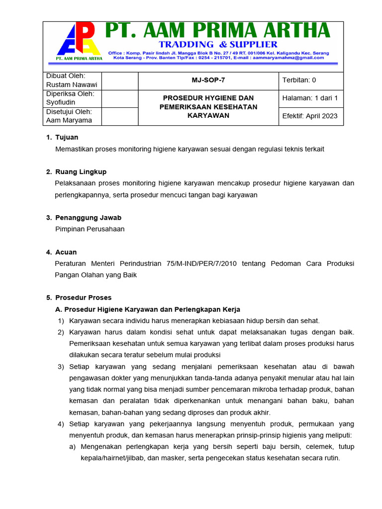 AAM-SOP-07-Prosedur Hygiene Dan Pemeriksaan Kesehatan Karyawan | PDF