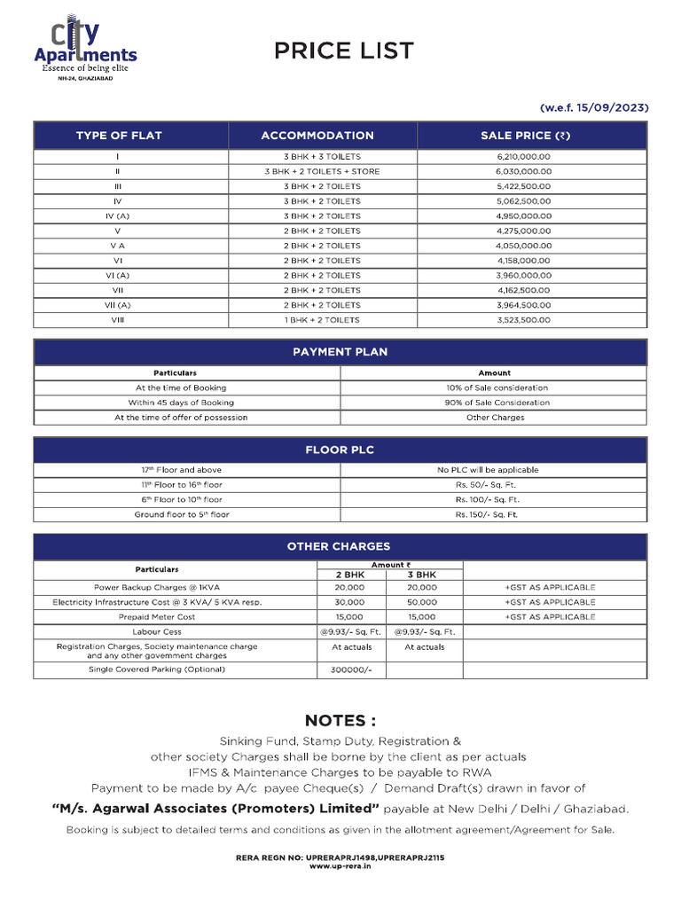 City Apartments Price List 15-09-2023 | PDF