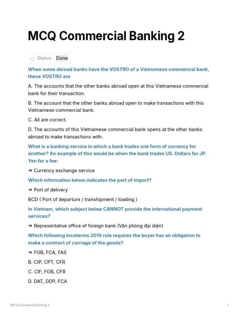 MCQ Midterm Commercial Banking 2 | PDF | Banking | Economies