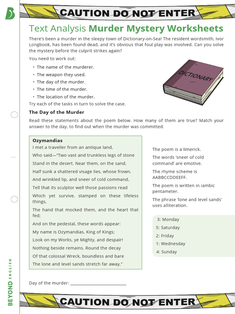 Murder Mystery Worksheet - The Day of The Murder | Download Free PDF ...