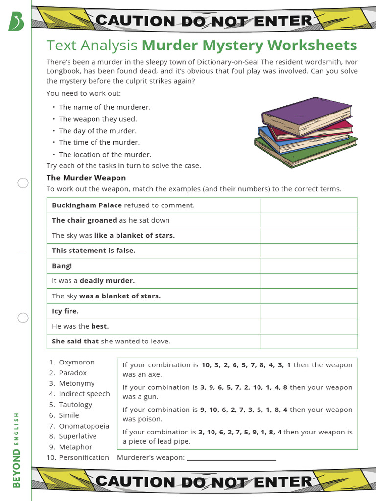 Murder Mystery Worksheet - The Murder Weapon | PDF