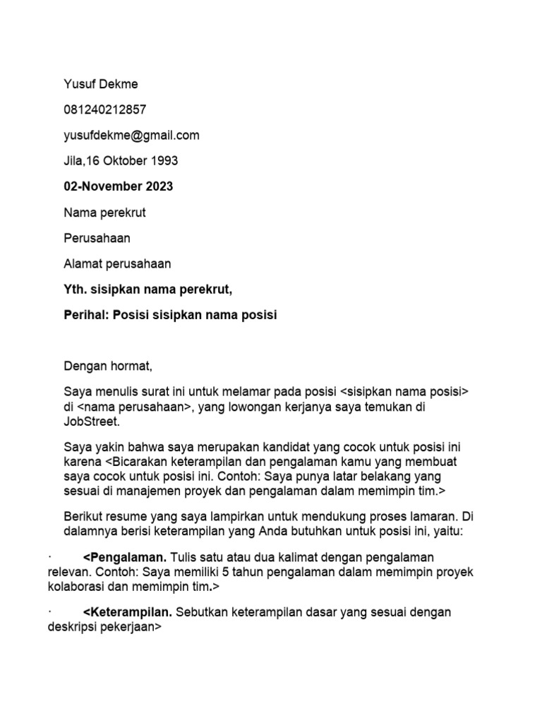 Contoh Cover Letter untuk JobStreet | PDF | Karier & Perkembangan