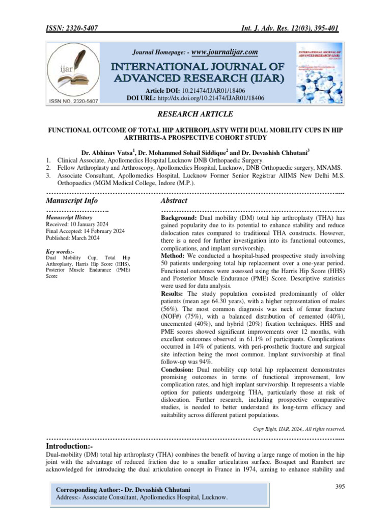 FUNCTIONAL OUTCOME OF TOTAL HIP ARTHROPLASTY WITH DUAL MOBILITY CUPS IN ...
