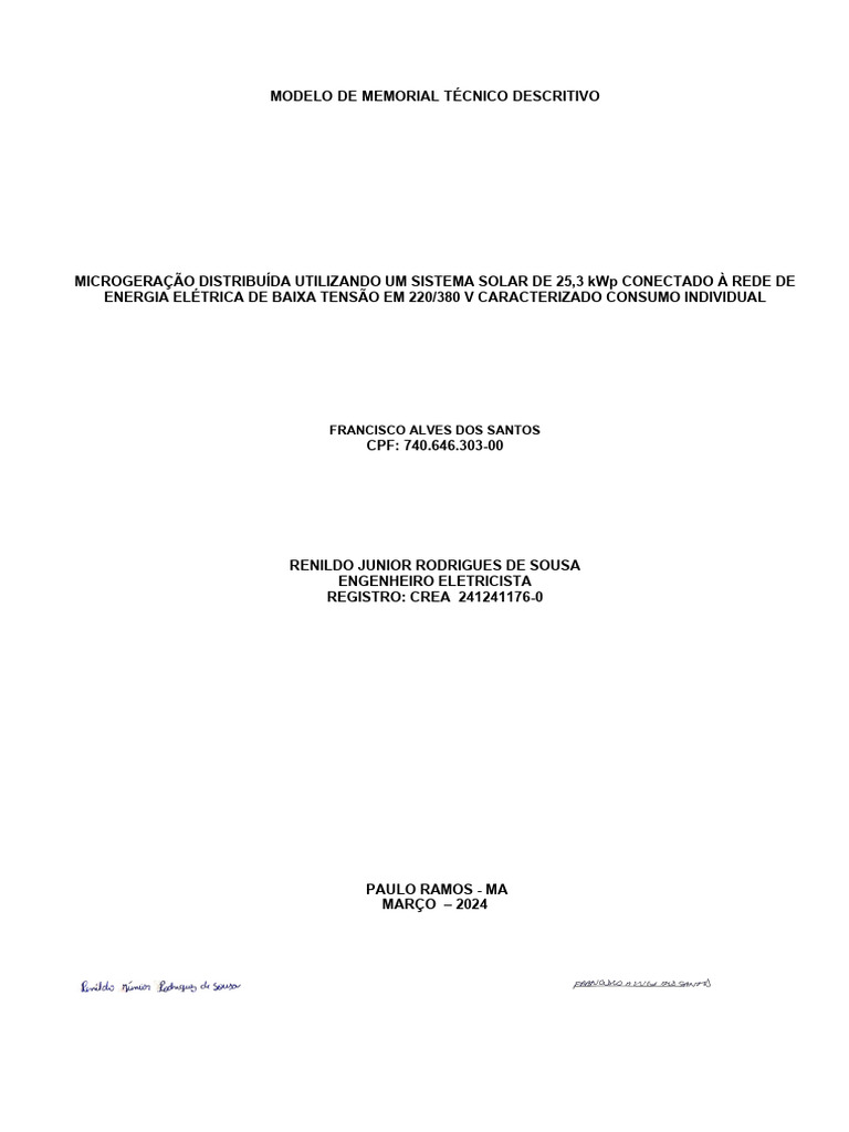 Anexo III Modelo de Memorial Tecnico Descritivo | PDF | Fotovoltaica | Potência (Física)