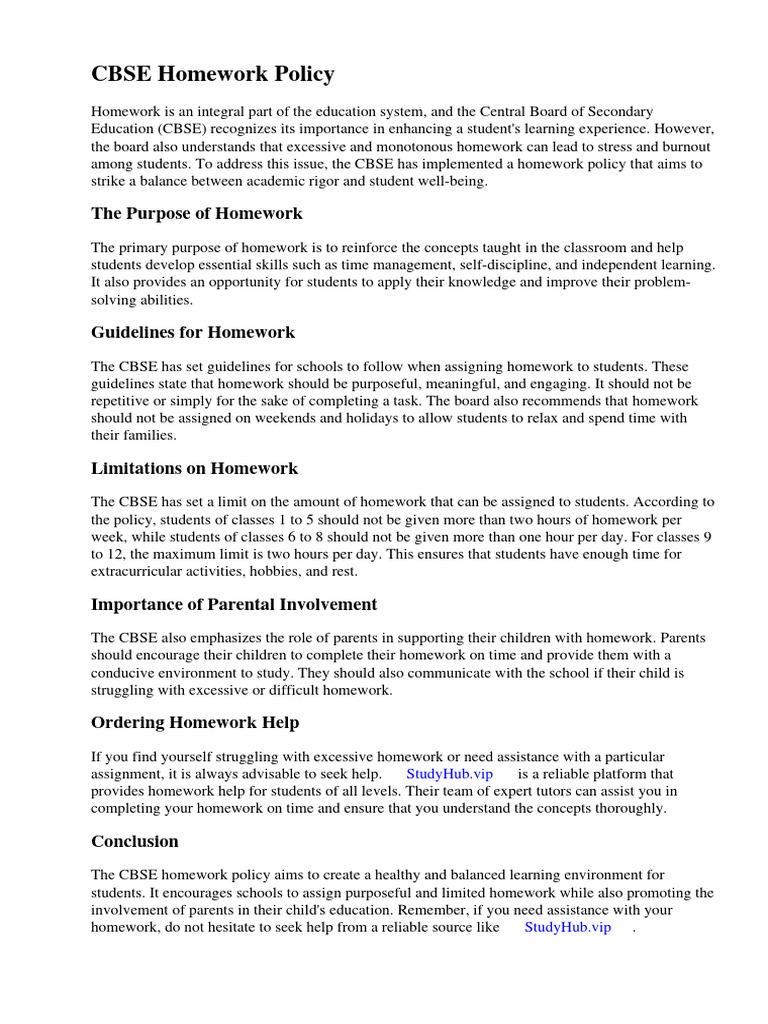 Cbse Homework Policy | PDF | Homework | Teachers